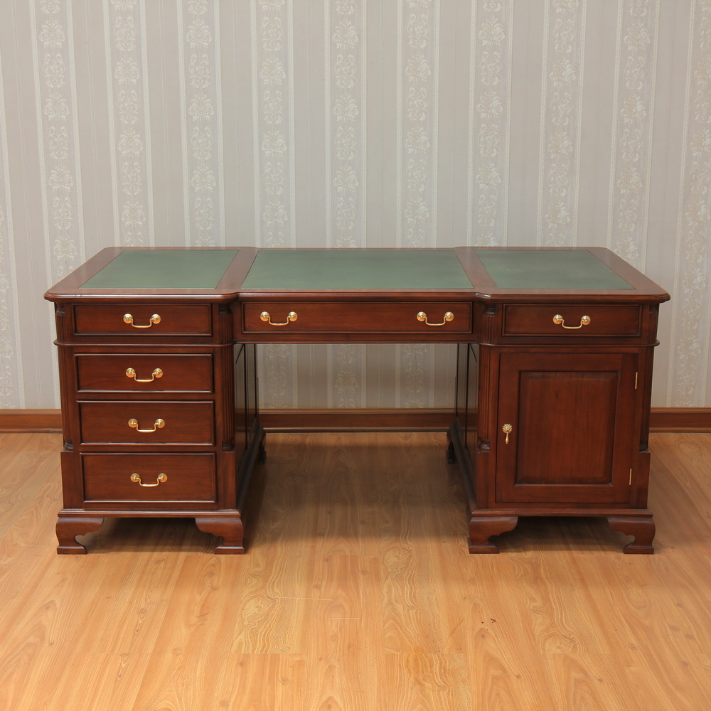 Large Mahogany Partners Desk with Green Leather Top and Brass Handles ...